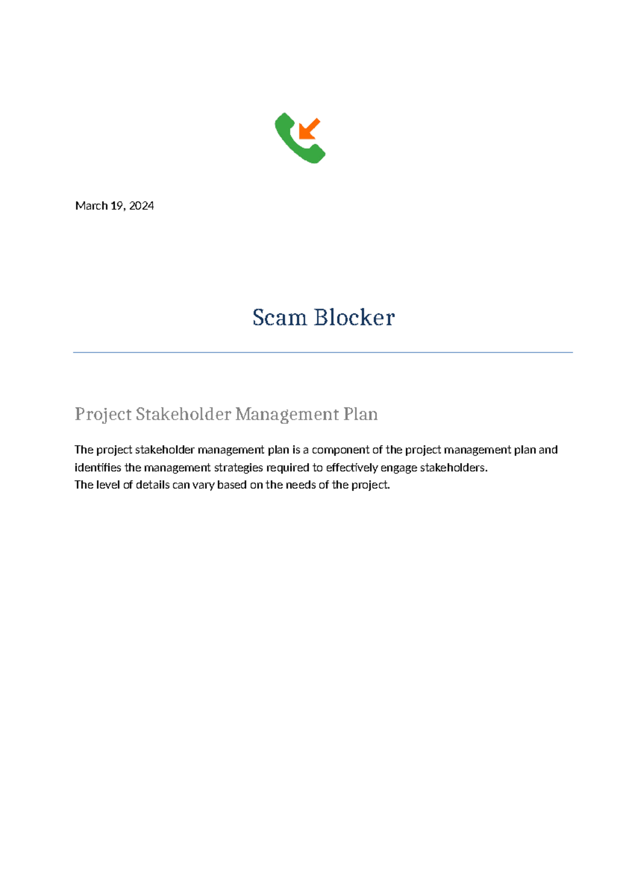 Stakeholder Management Plan 19 - March 19, 2024 Scam Blocker Project ...