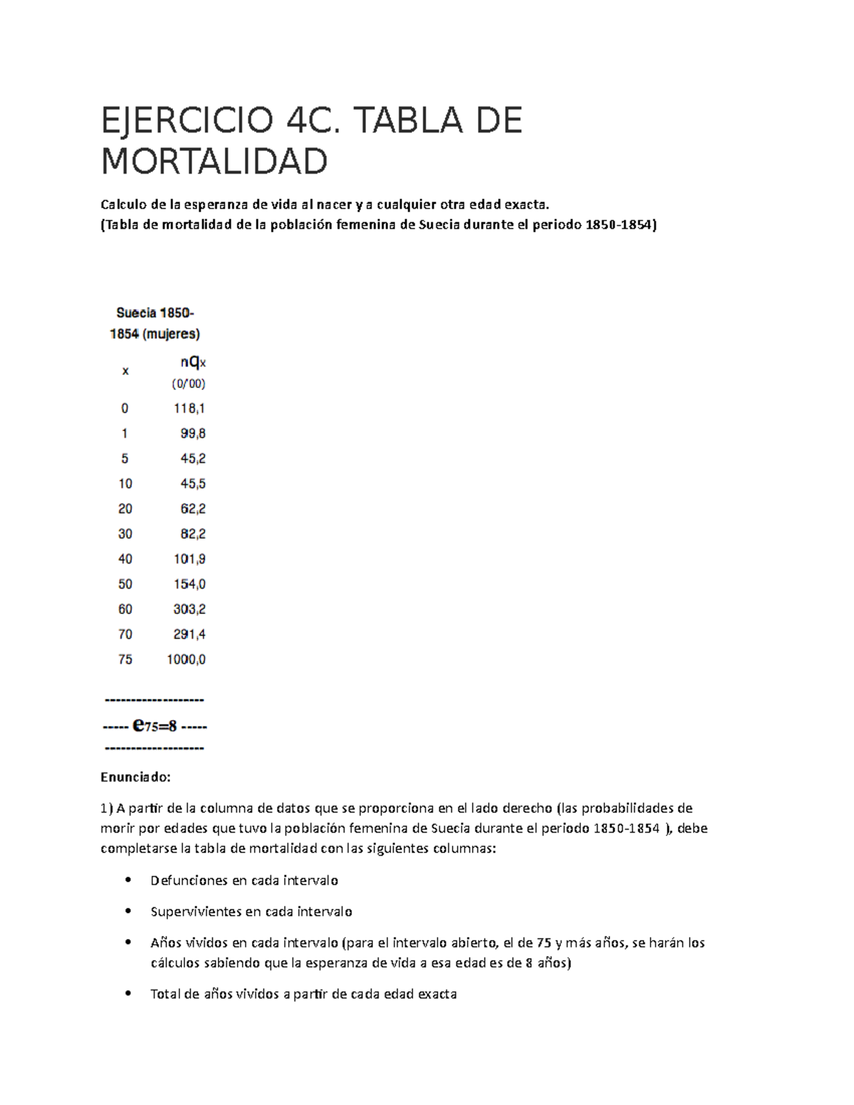 Práctica: Ejercicio 4C. Demografia - EJERCICIO 4C. TABLA DE MORTALIDAD Calculo de la esperanza ...