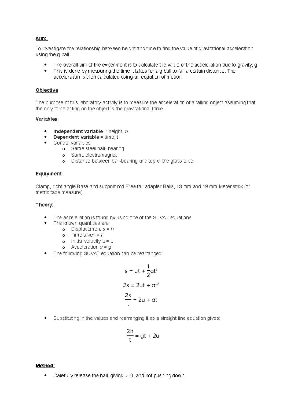Lab report G ball experiment - Aim: To investigate the relationship between height and time to ...