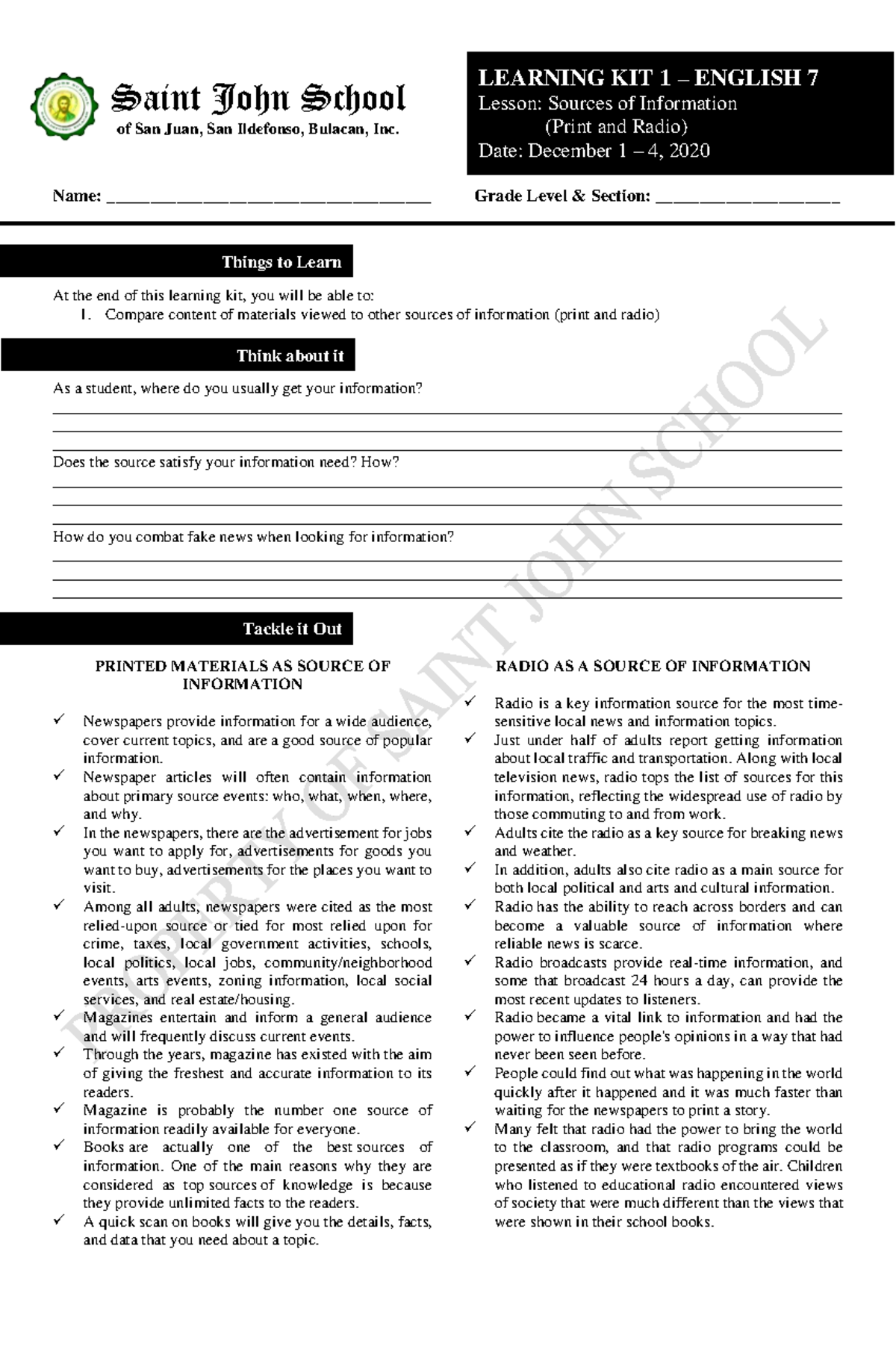 English Grade 7 - Saint John School of San Juan, San Ildefonso, Bulacan ...