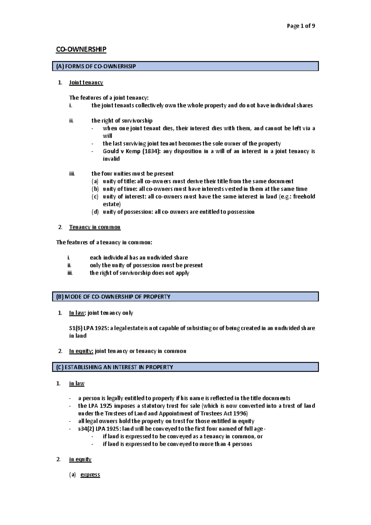 Co-ownership (UKTL) - CO-OWNERSHIP (A) FORMS OF CO-OWNERHSIP Joint ...