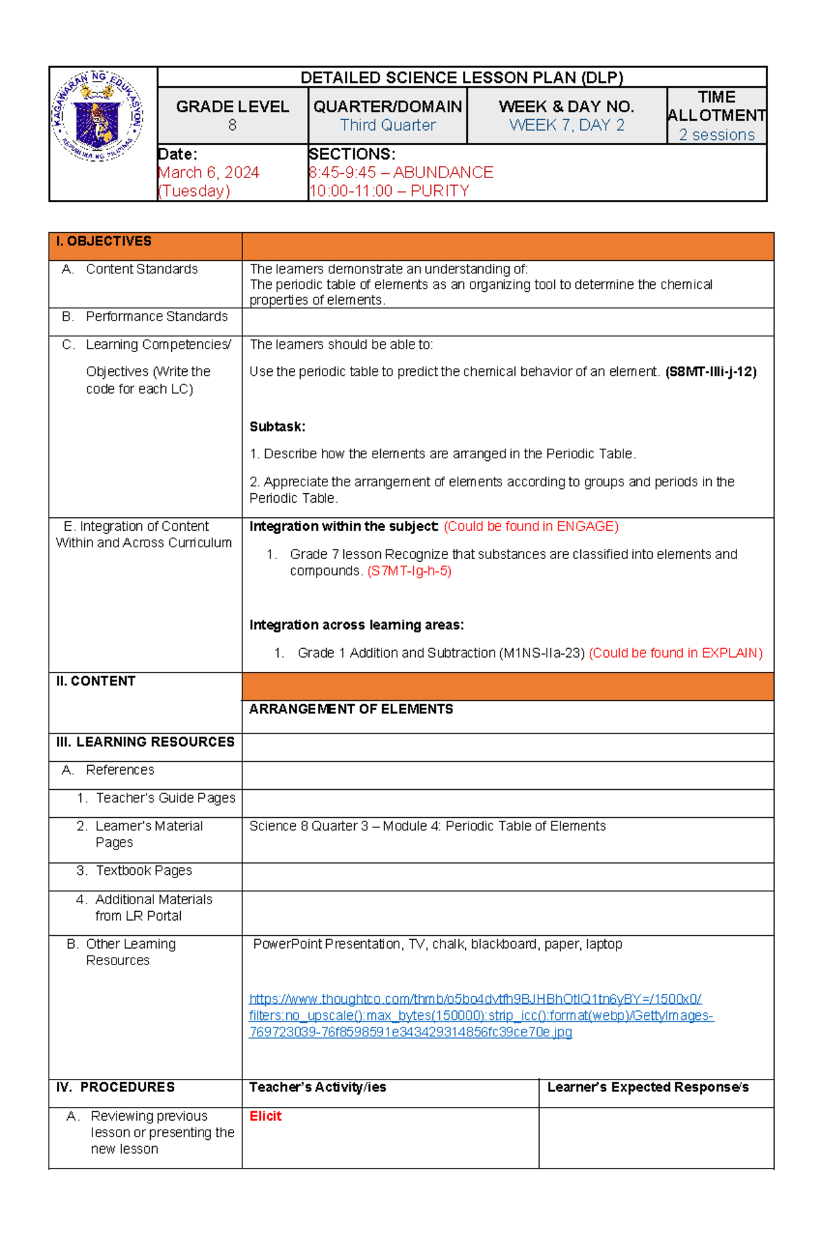 Arrangement OF Elements - DETAILED SCIENCE LESSON PLAN (DLP) GRADE ...