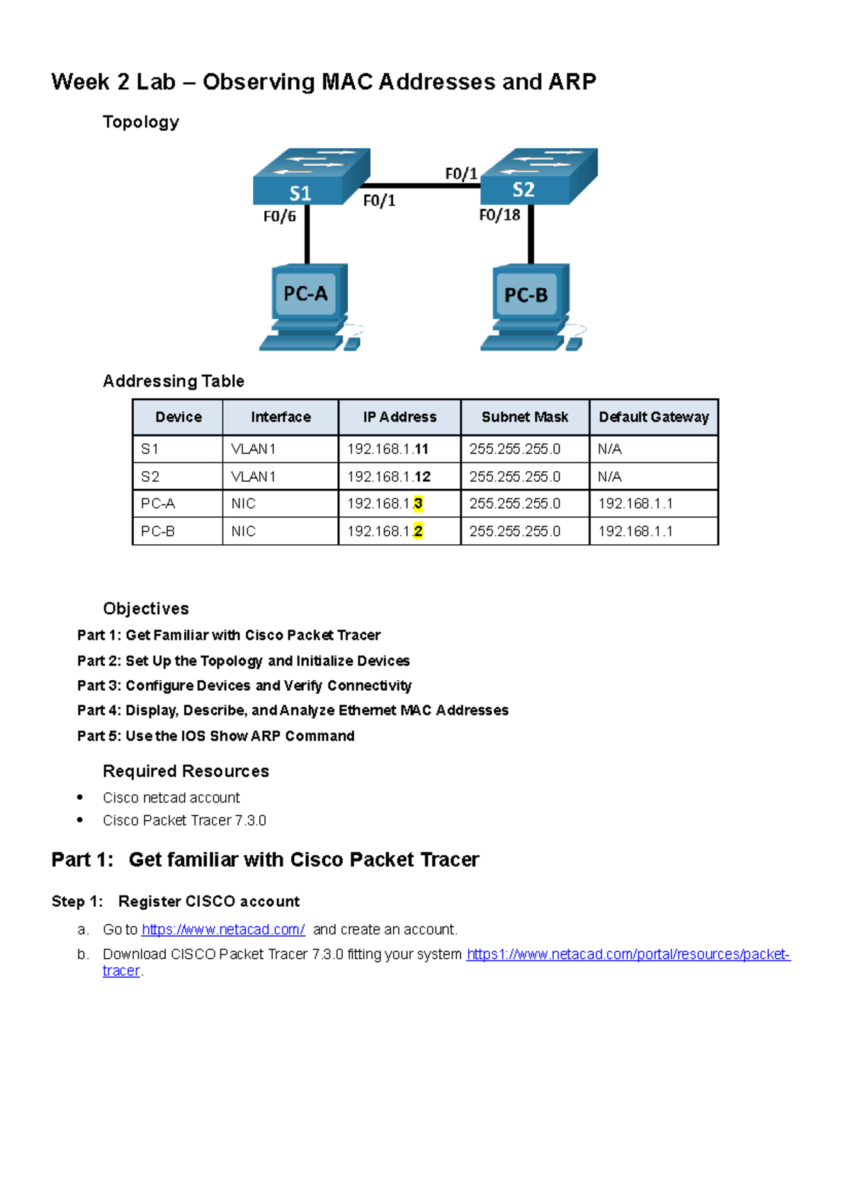 Week10-Lab-build a network with switch and observe MAC Addresses and ARP - Week 2 Lab ...
