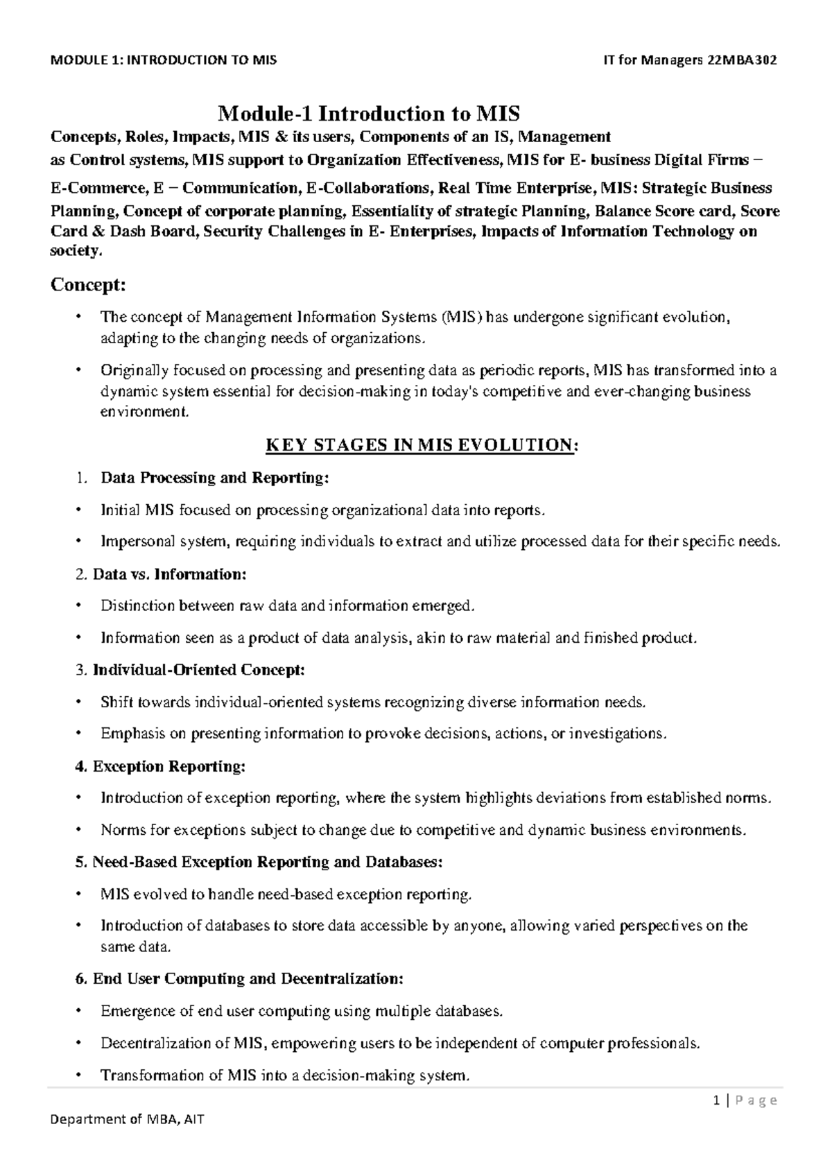 Module 1 Introduction to MIS - MODULE 1 : INTRODUCTION TO MIS IT for ...