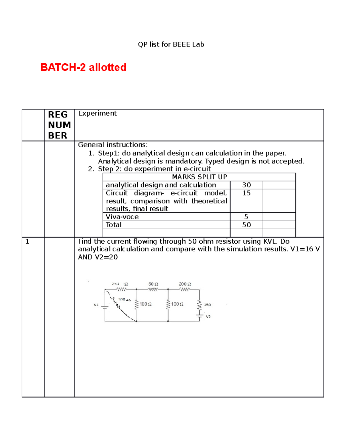 Batch-3-QP LAB-BEEE-2021-CSE-S2 - QP list for BEEE Lab BATCH-2 allotted REG NUM BER Experiment ...