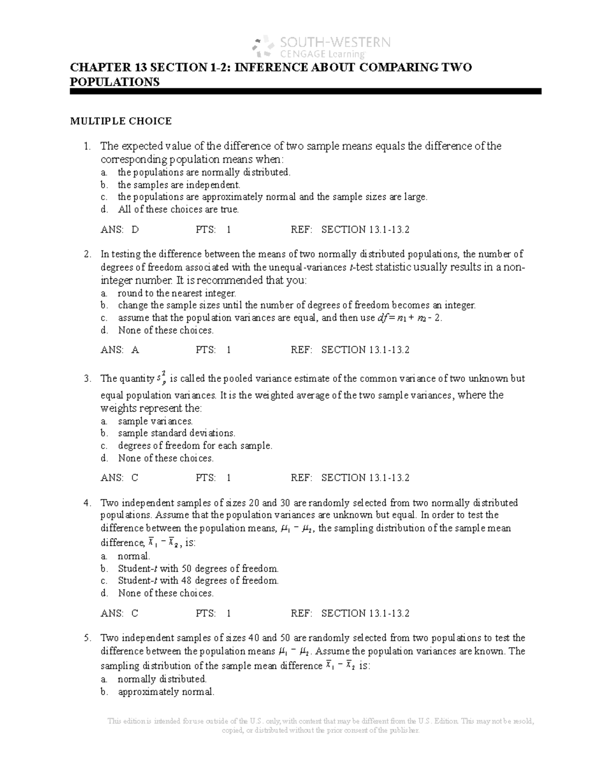 Ch13 Sect01-02 Keller MS AISE TB without answer - CHAPTER 13 SECTION INFERENCE ABOUT COMPARING ...