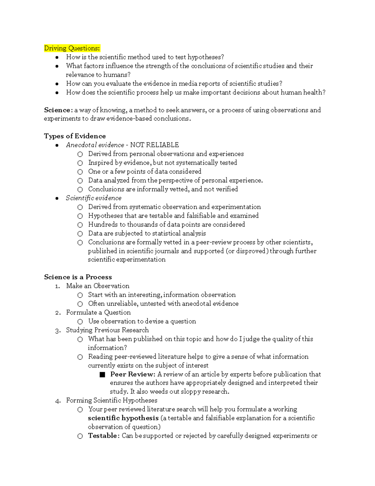 BI100 Chapter 1 Process of Science - Driving Questions: How is the scientific method used to ...