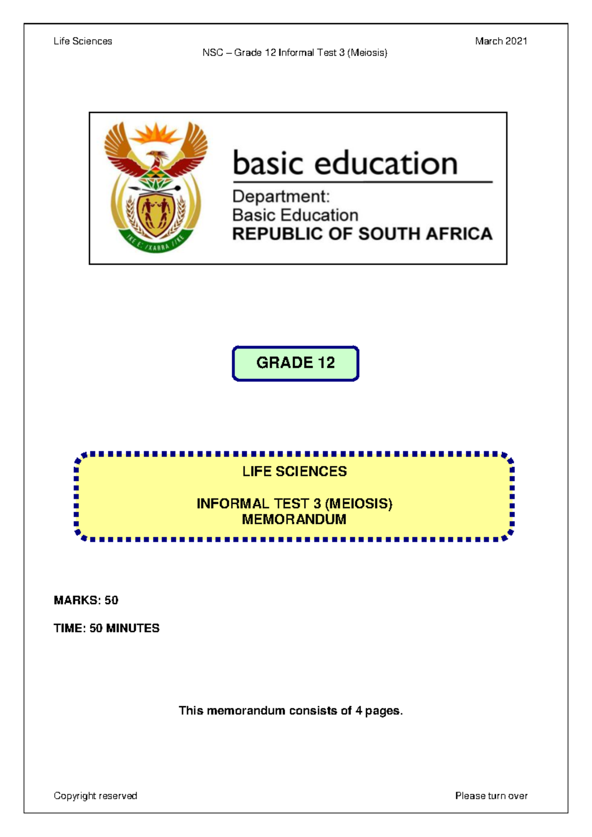 Meiosis TEST MEMO - Nhn8h - Life Sciences March 2021 NSC – Grade 12 ...
