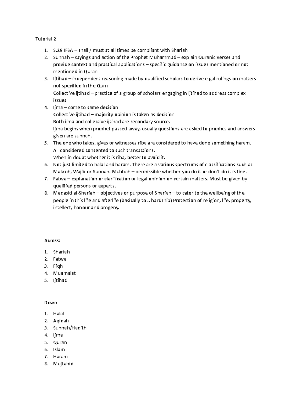 Tutorial 2 Answers - Tutorial 2 1. S IFSA – shall / must at all times be compliant with Shariah ...