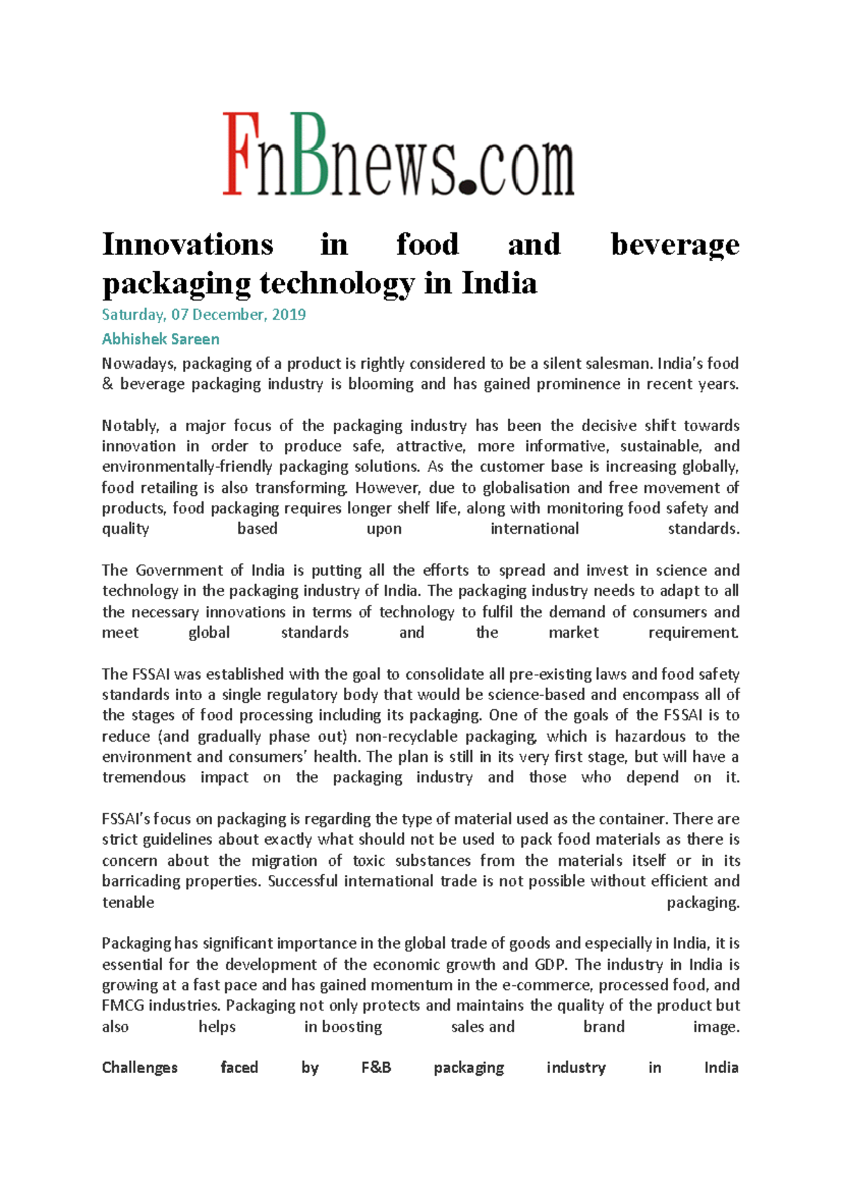 Fssai News Beverage FNB 09 12 2019 - Innovations in food and beverage ...