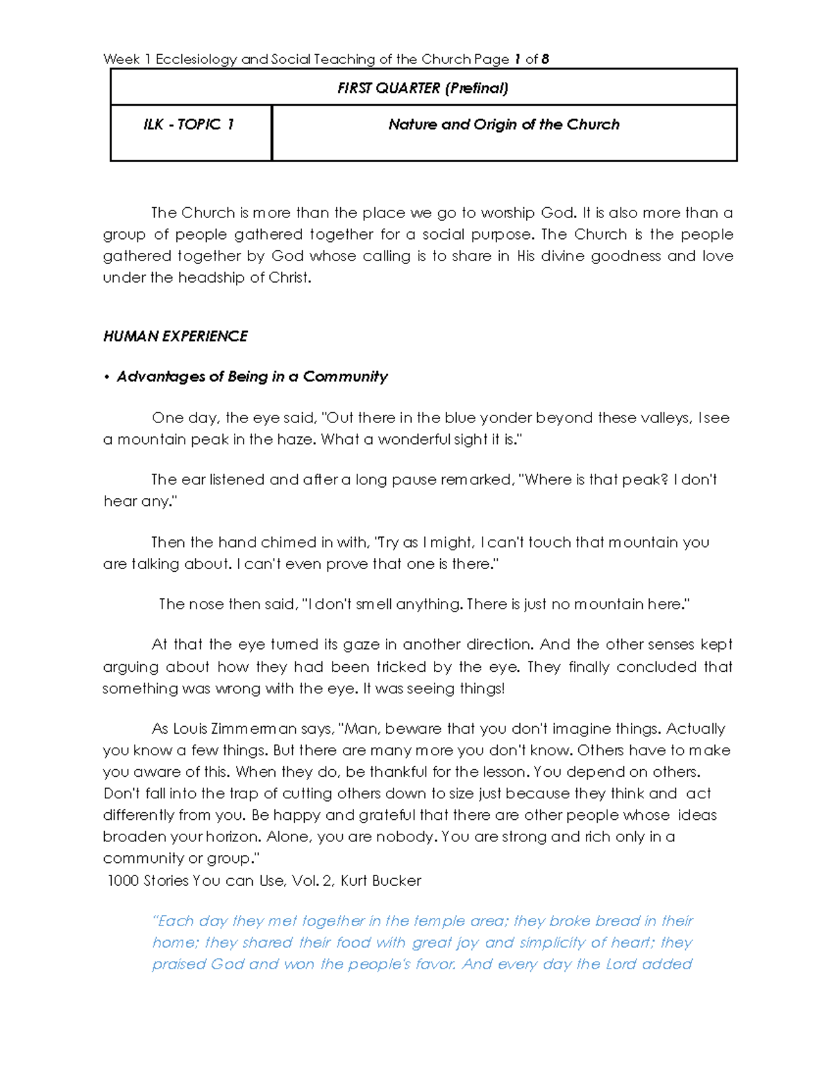 Topic 1 Nature and Origin of the Church - Week 1 Ecclesiology and ...