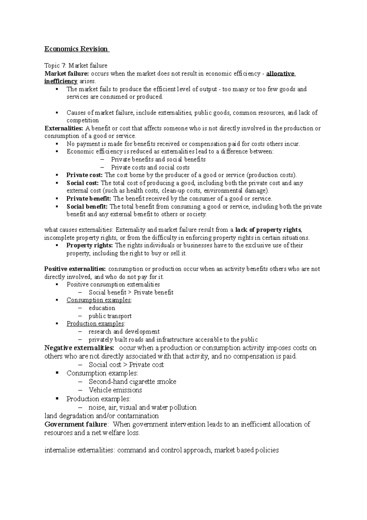 Economics Revision - notes - Economics Revision Topic 7: Market failure ...