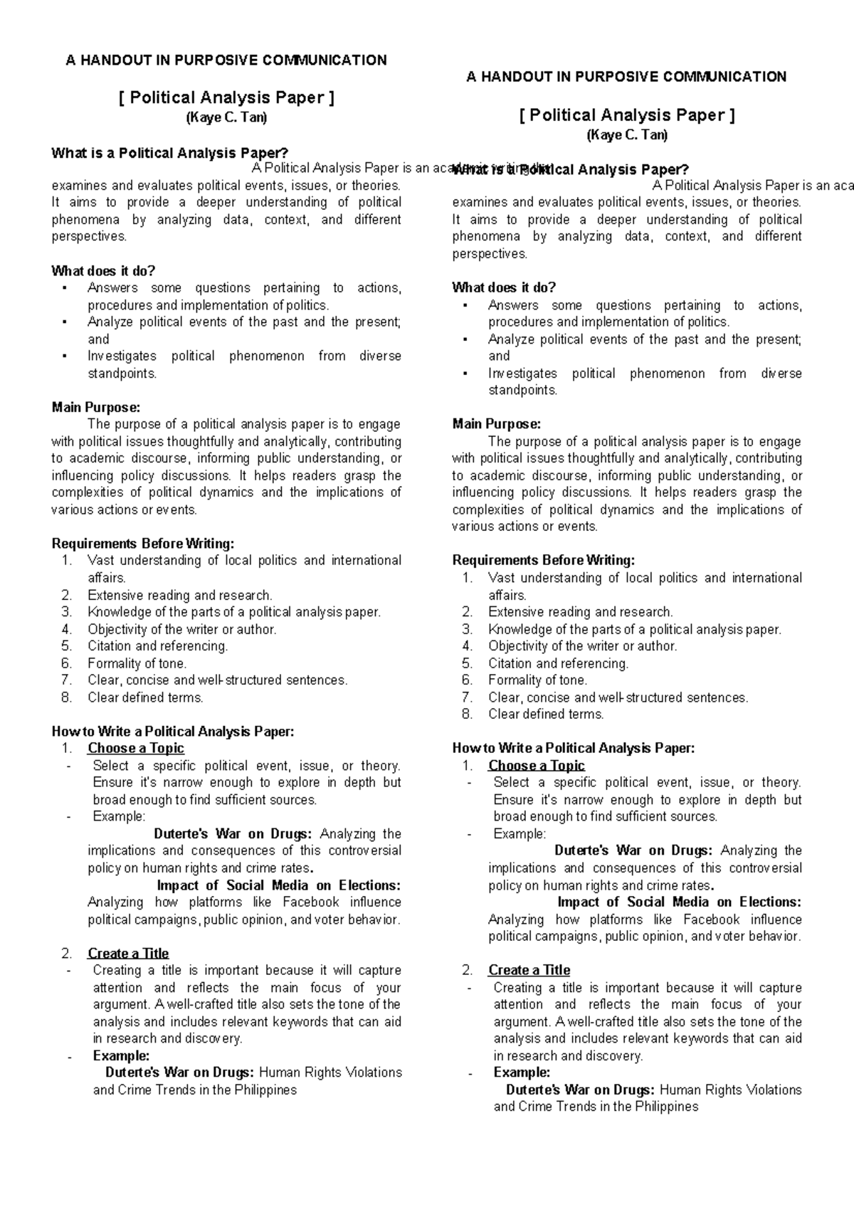 Political Analysis Paper Notes - A HANDOUT IN PURPOSIVE COMMUNICATION ...
