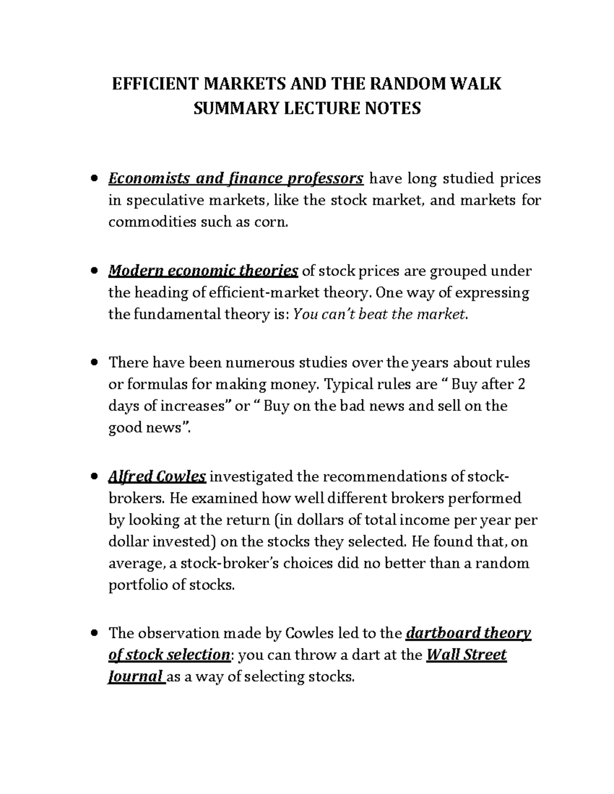 Efficient Markets and the Random Walk Summary Lecture Notes - EFFICIENT ...