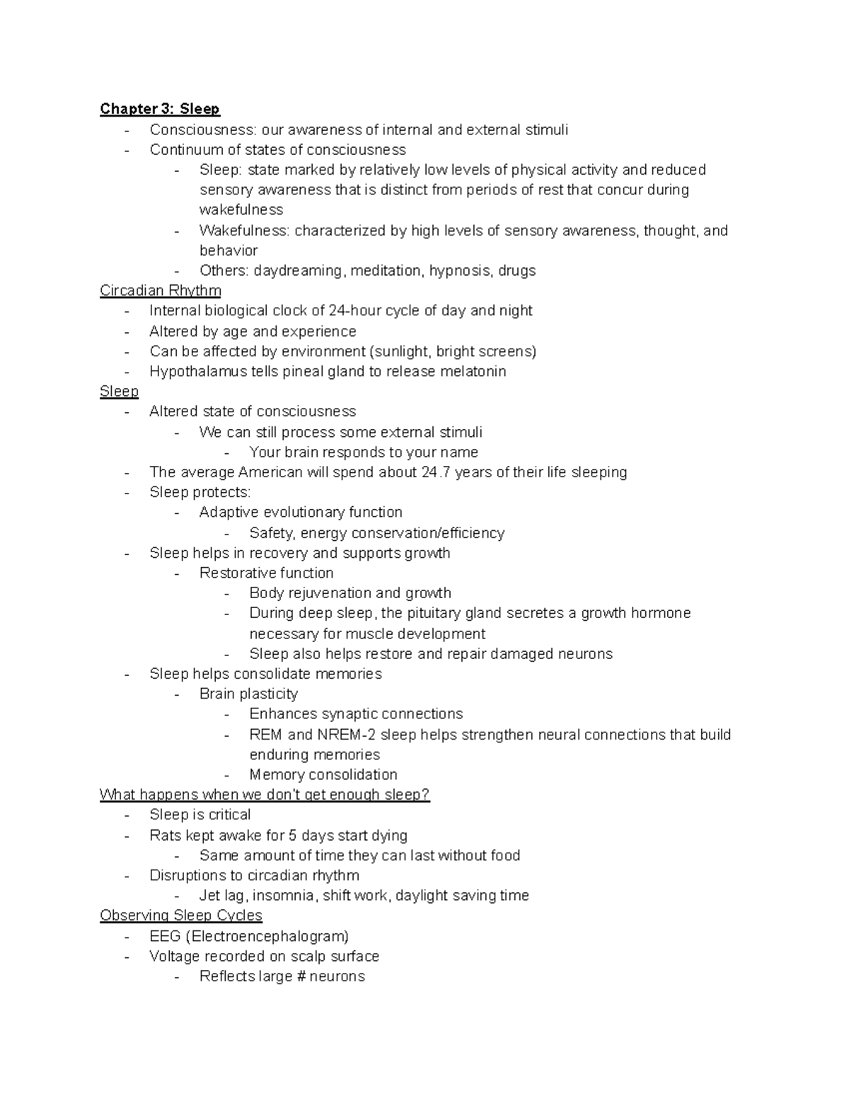 Chapter 3 notes sleep - Chapter 3: Sleep - Consciousness: our awareness ...
