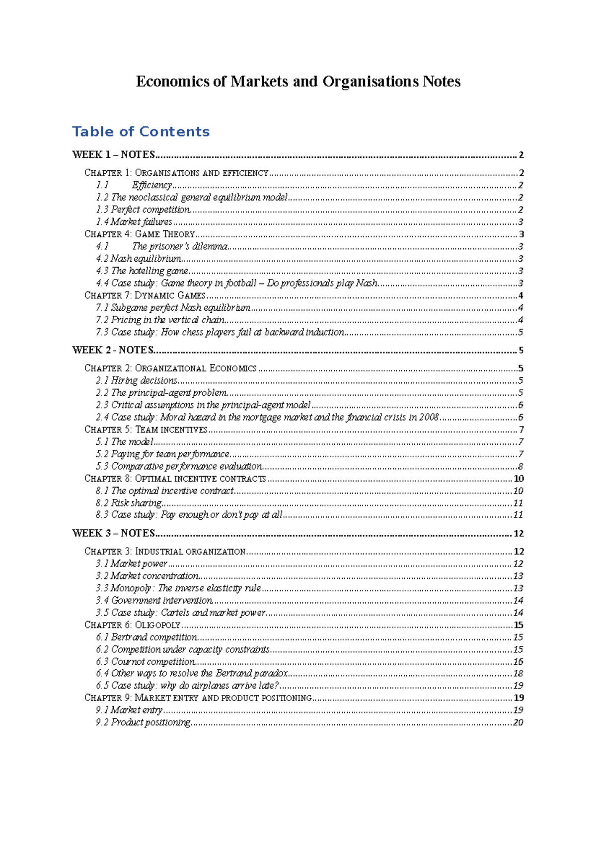 EMO - Notes - week 1-3 - Economics of Markets and Organisations Notes ...
