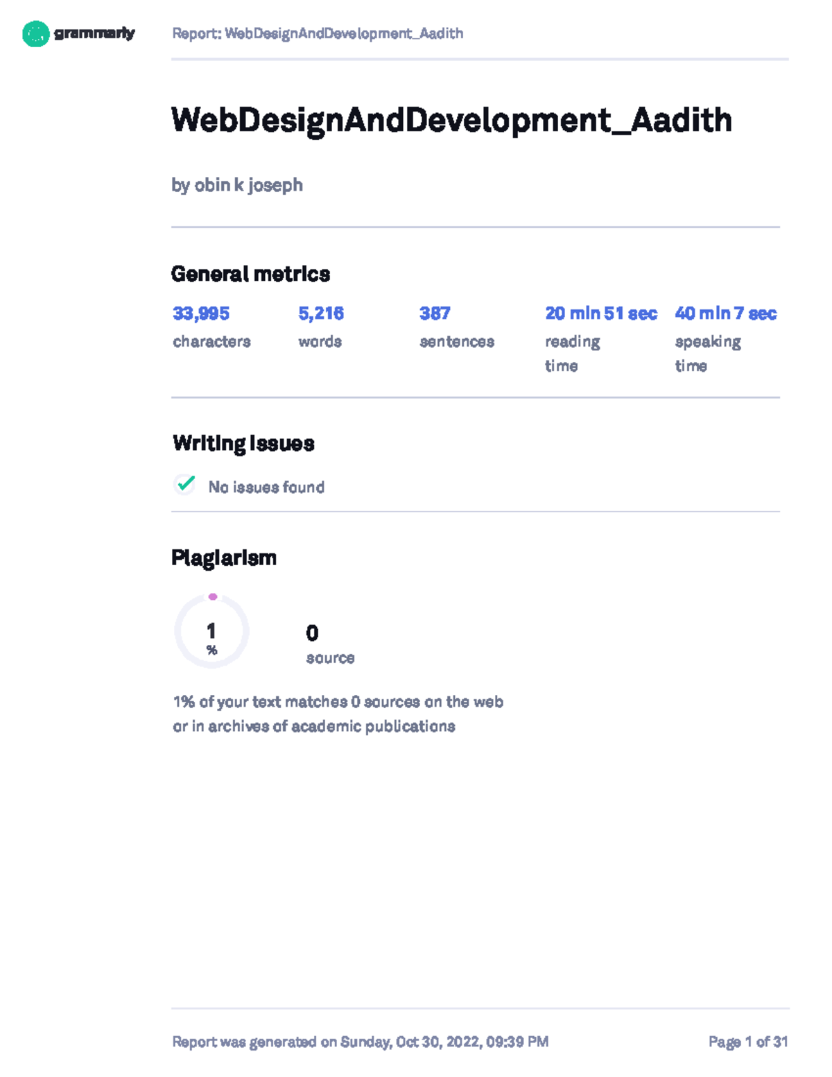 Report - nil - WebDesignAndDevelopment_Aadith by obin k joseph General metrics 33,995 5,216 387 ...