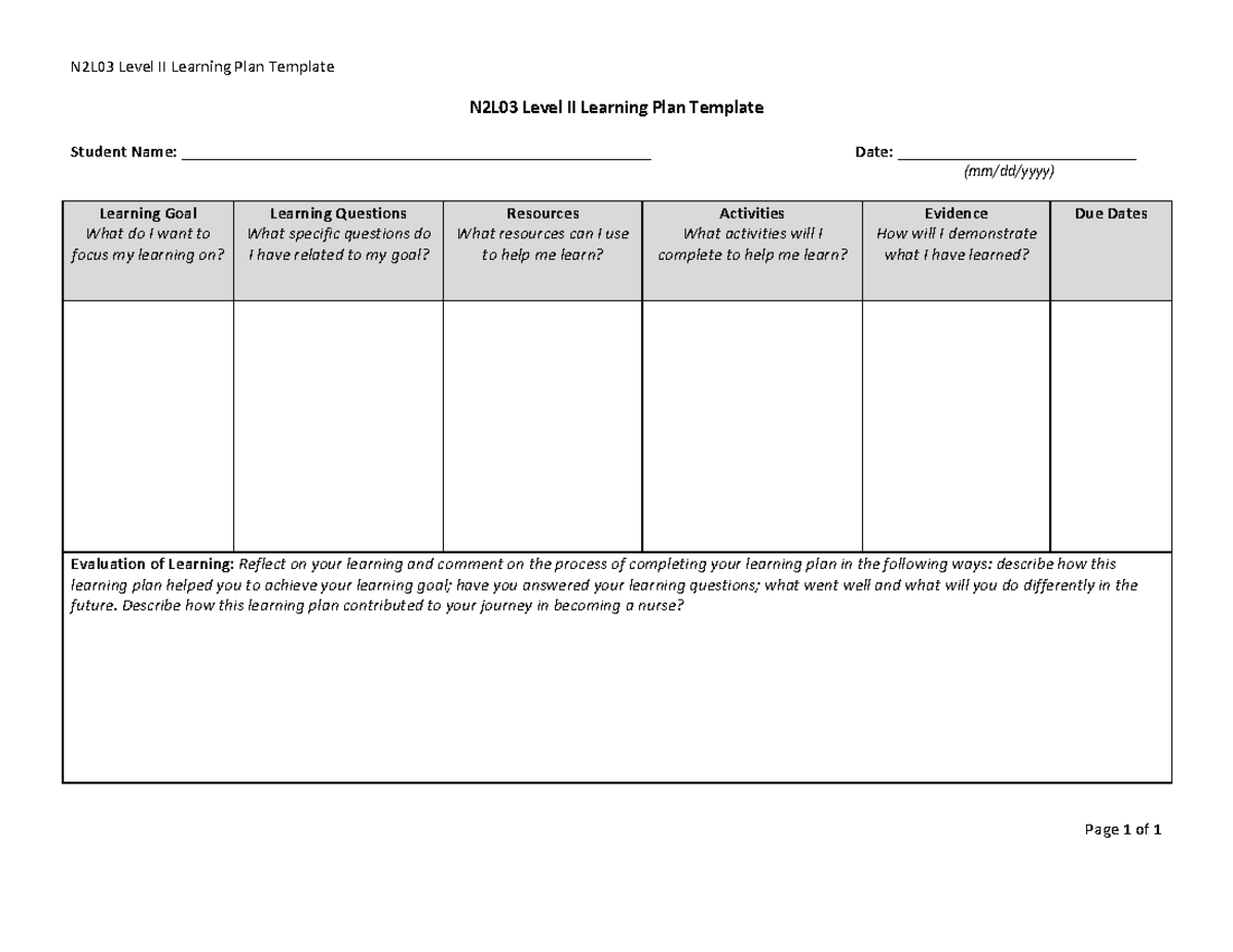 Learning Plan Template - N2L03 Level II Learning Plan Template Page 1 ...