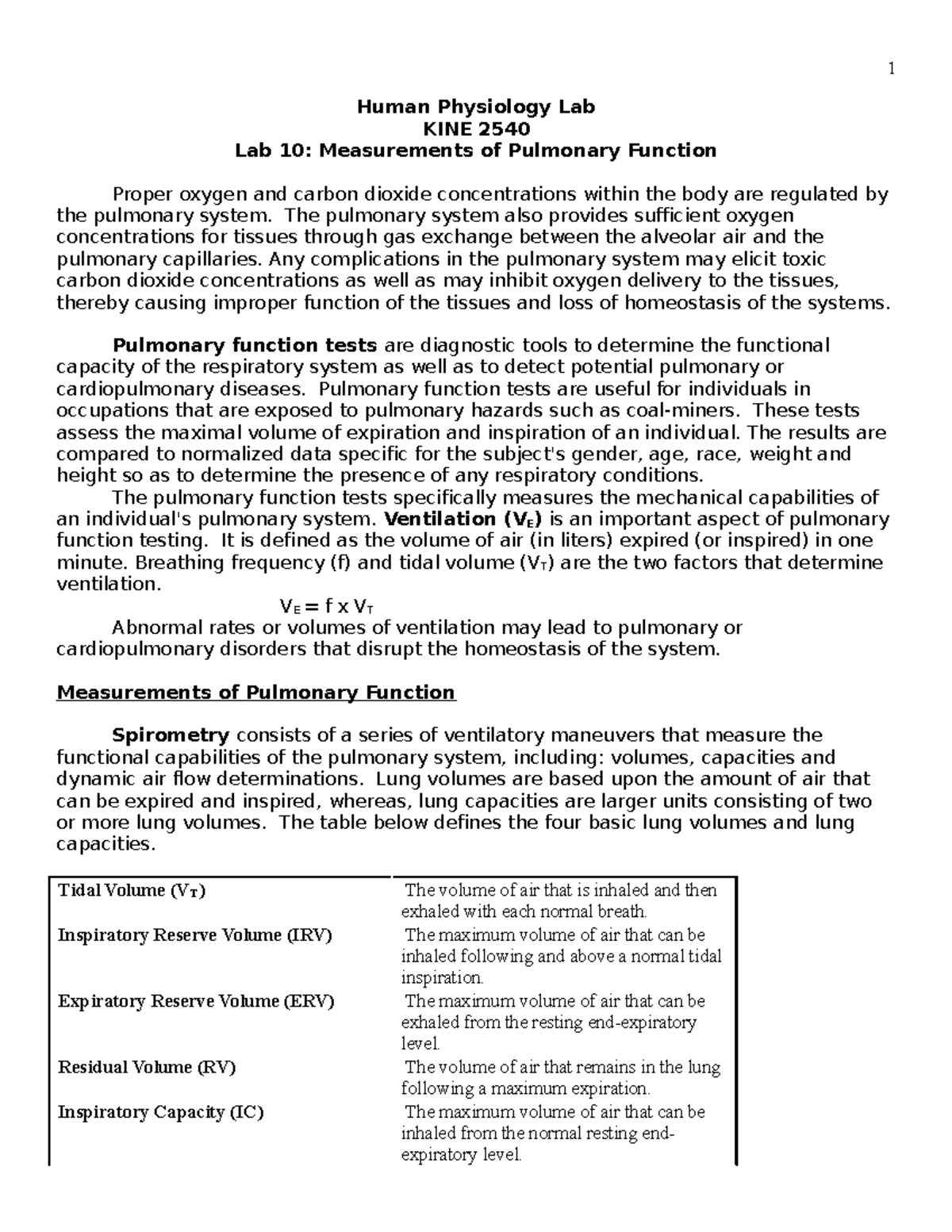 Lab 10 Spirometry - Human Physiology Lab KINE 2540 Lab 10: Measurements ...