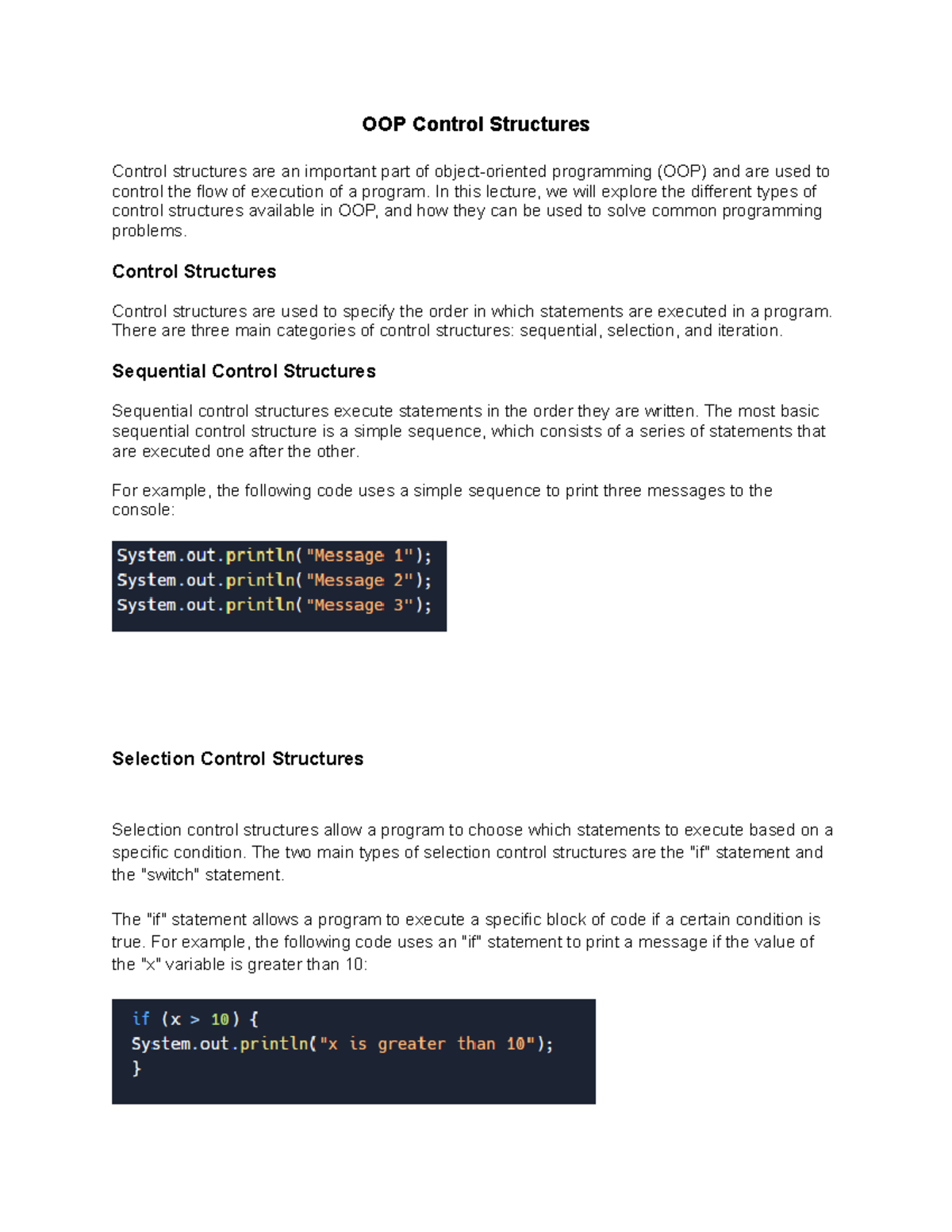 Object Oriented Programming OOP Control Structures OOP Control