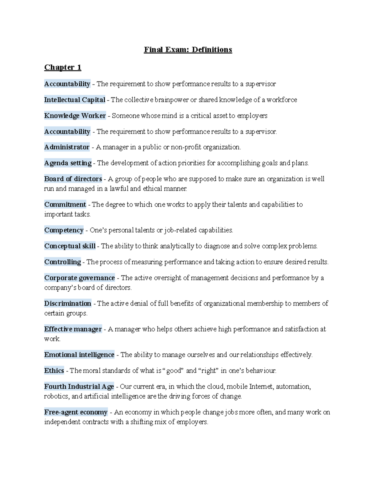 Final Exam Definitions - Final Exam: Definitions Chapter 1 ...