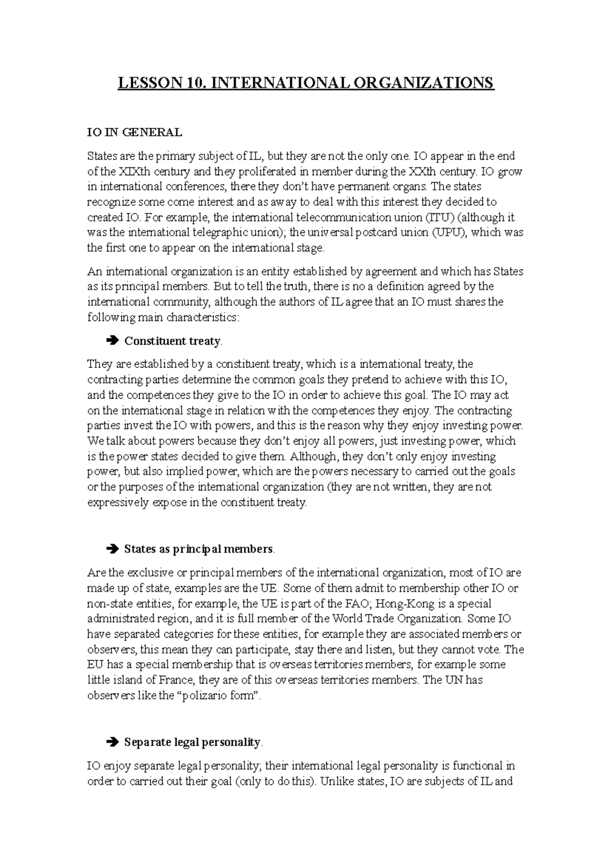 Lesson 10 - Apuntes 10 - LESSON 10. INTERNATIONAL ORGANIZATIONS IO IN ...