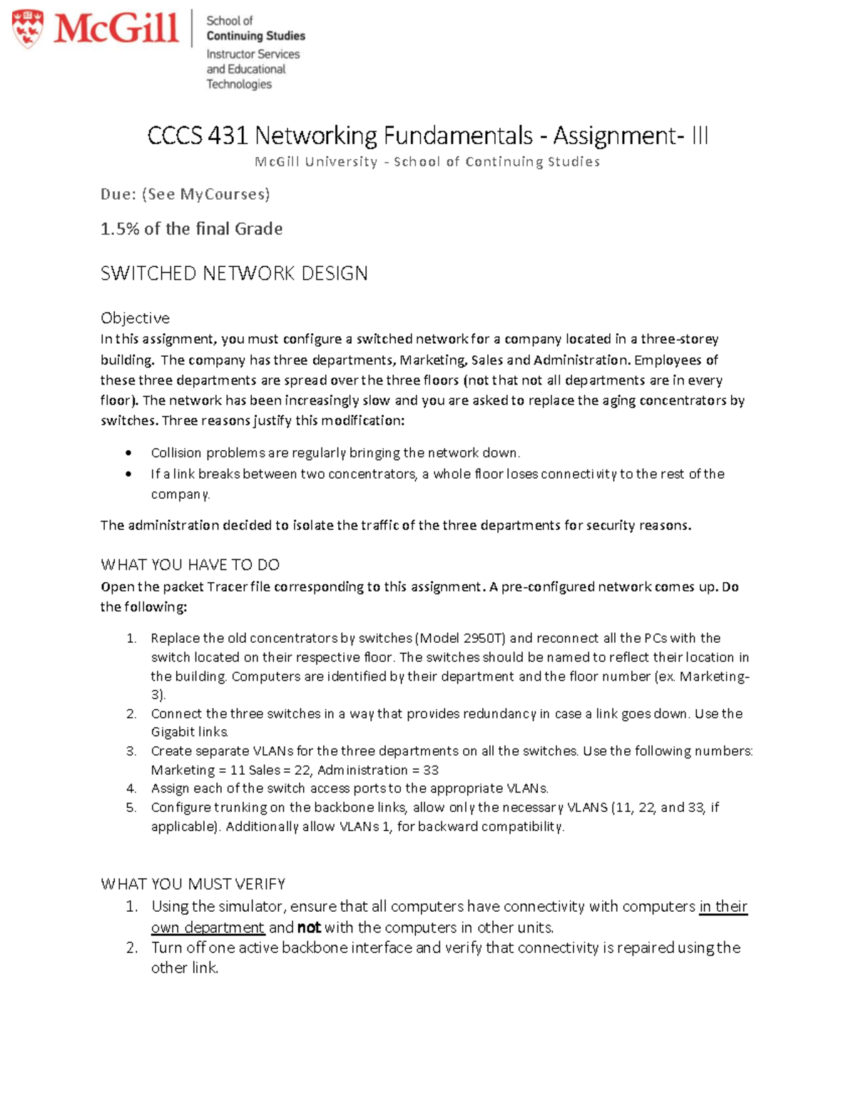 Cccs431.2022f.a03 - cccs 431 A3 - CCCS 431 Networking Fundamentals - Assignment - III M cGill ...