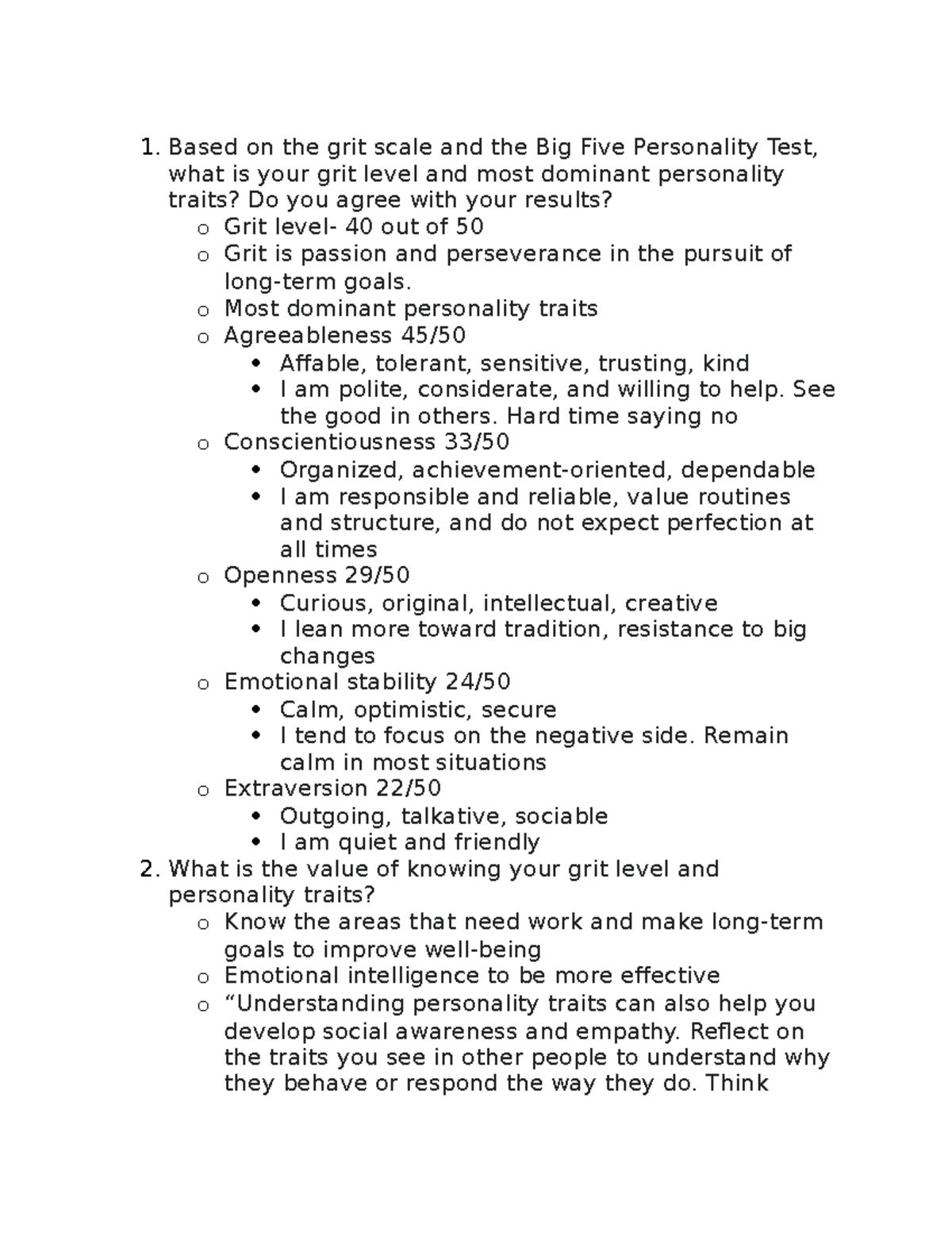 Updated 5-1 Discussion - Based on the grit scale and the Big Five ...