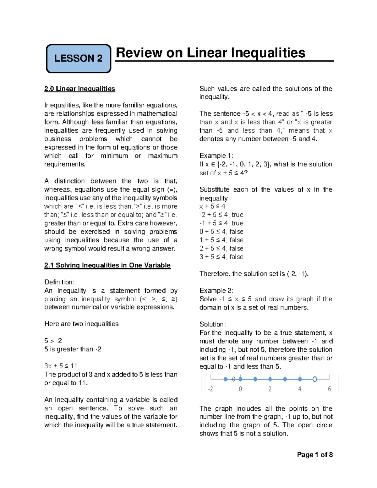 Lesson 2 Review on Linear Inequalities - Review on Linear Inequalities ...