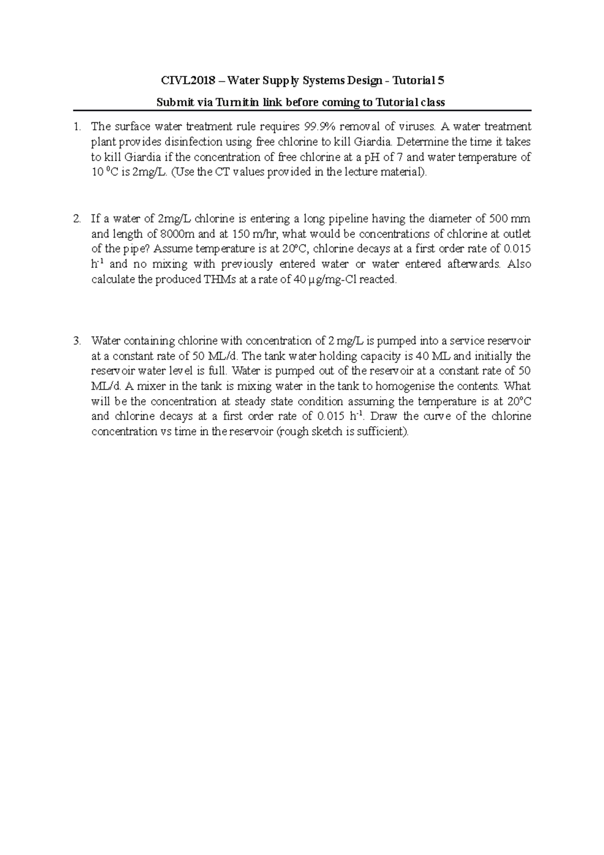 CIVL2018-Tutorial 5 questions - CIVL2018 – Water Supply Systems Design ...