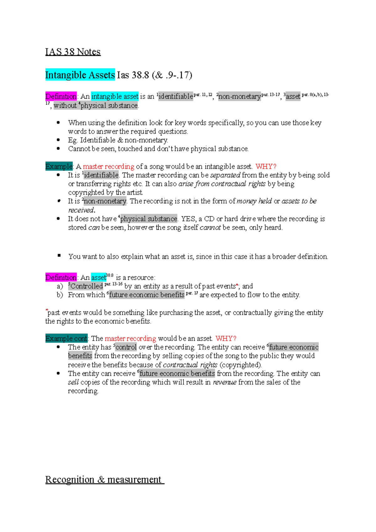 IAS 38-Notes - IAS 38 Notes Intangible Assets Ias 38 (& .9-) Definition ...