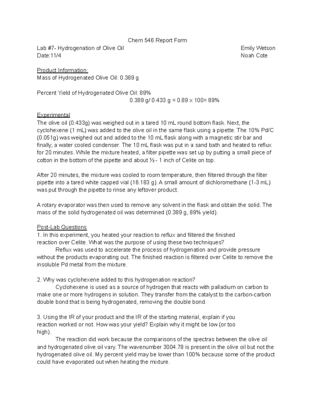 Chem 546 lab 7 - Lab 7 - Chem 546 Report Form Lab #7- Hydrogenation of Olive Oil Emily Wetson ...