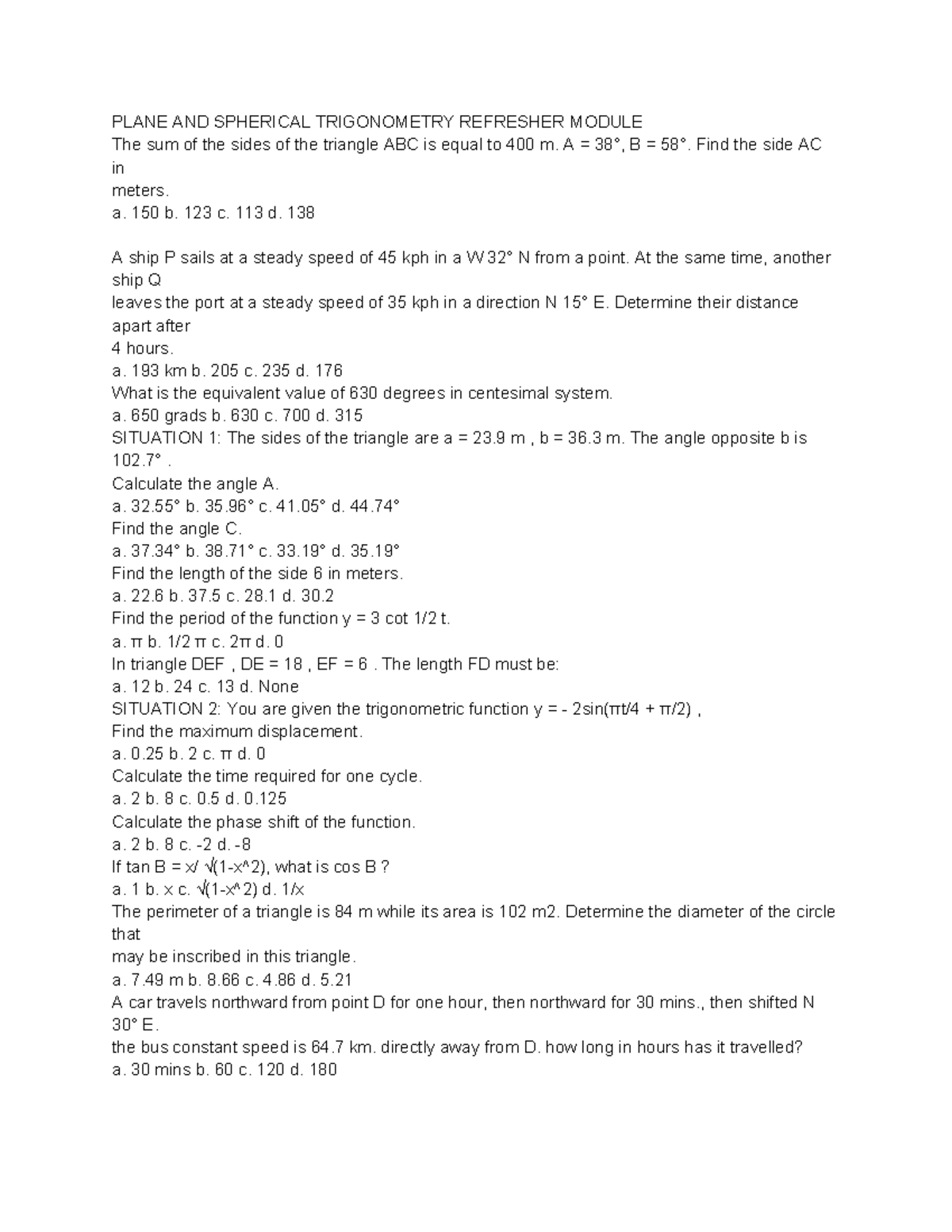 Plane AND Spherical Trigonometry Refresher Module - PLANE AND SPHERICAL TRIGONOMETRY REFRESHER ...