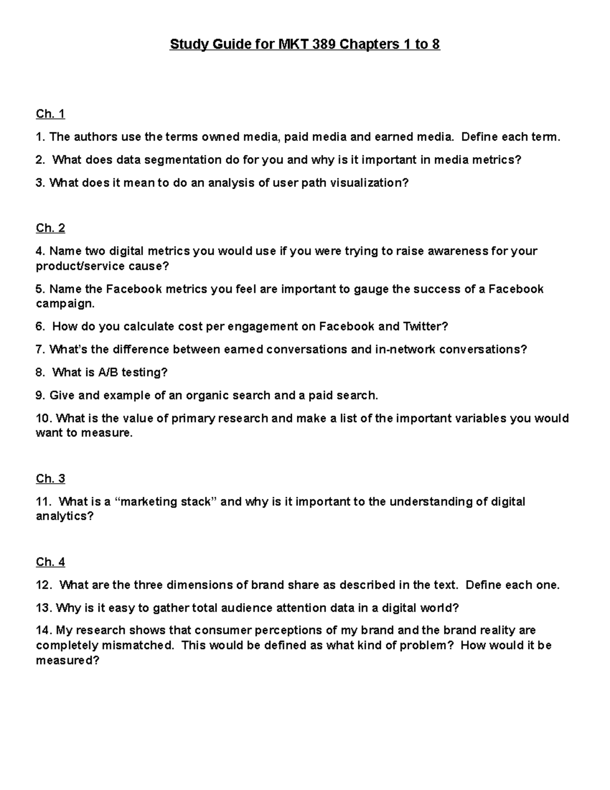 Study Guide Chapters 1 to 8 - Study Guide for MKT 389 Chapters 1 to 8 ...