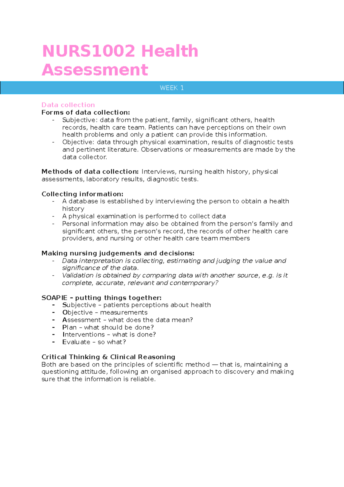 NURS1002 Health Assessment - NURS1002 Health Assessment WEEK 1 Data ...