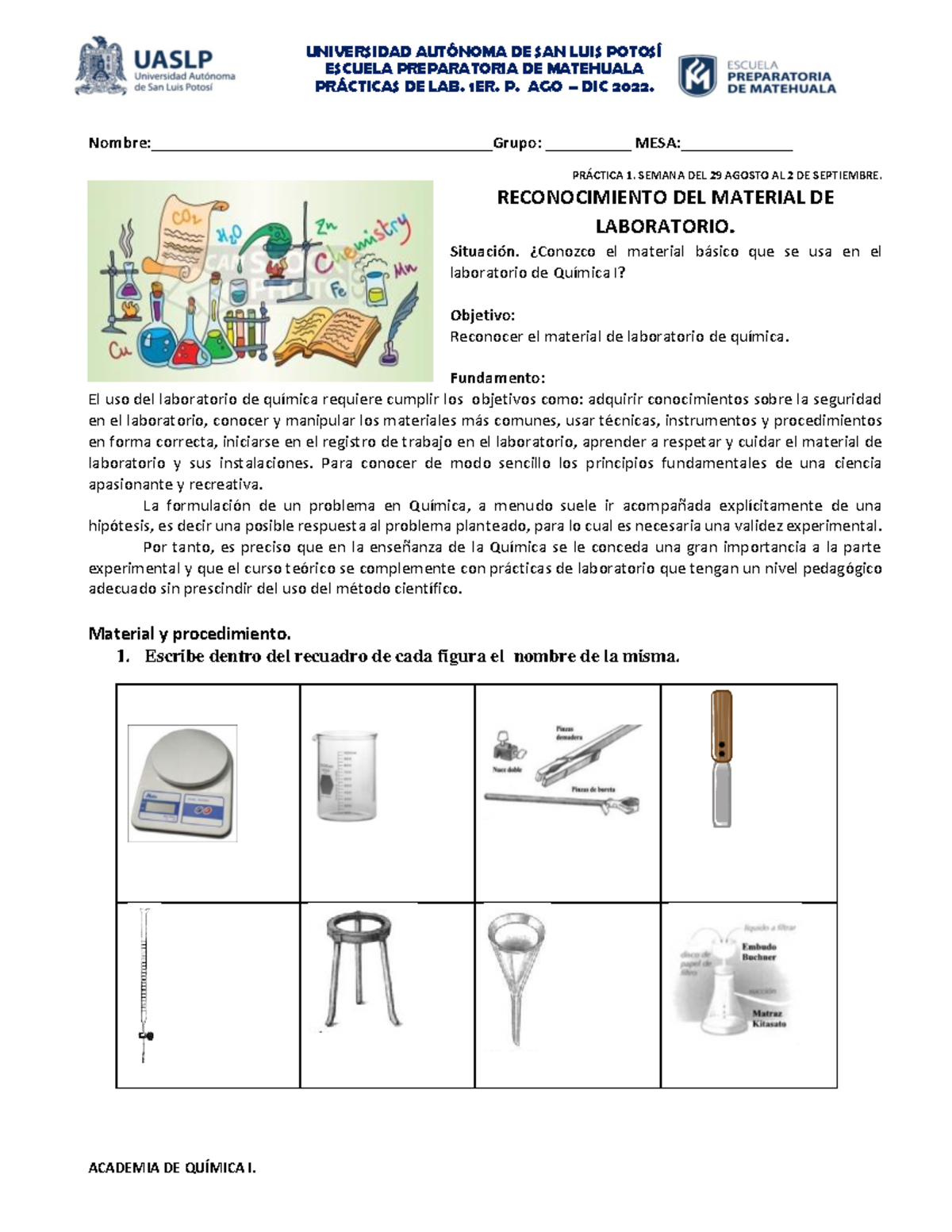 Practicasqi P12022- LAB - ESCUELA PREPARATORIA DE MATEHUALA PR¡CTICAS DE LAB. 1ER. P. AGO – DIC ...