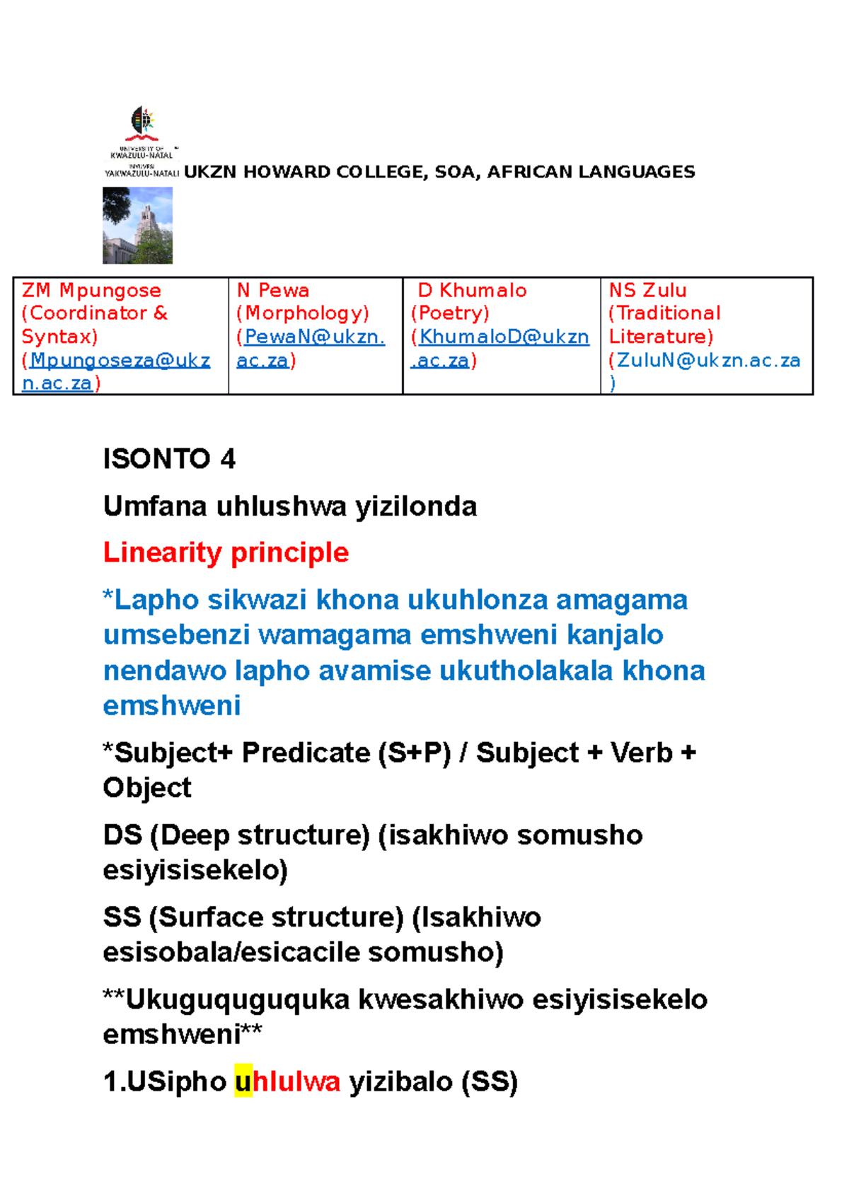 TGG-examples - isizulu esiyi english - UKZN HOWARD COLLEGE, SOA ...