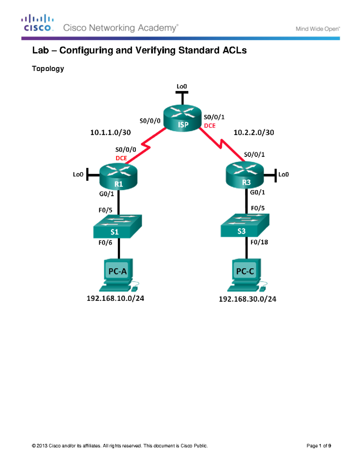 9.2.2.7 Lab - Configuring and Verifying Standard ACLs - Topology ...