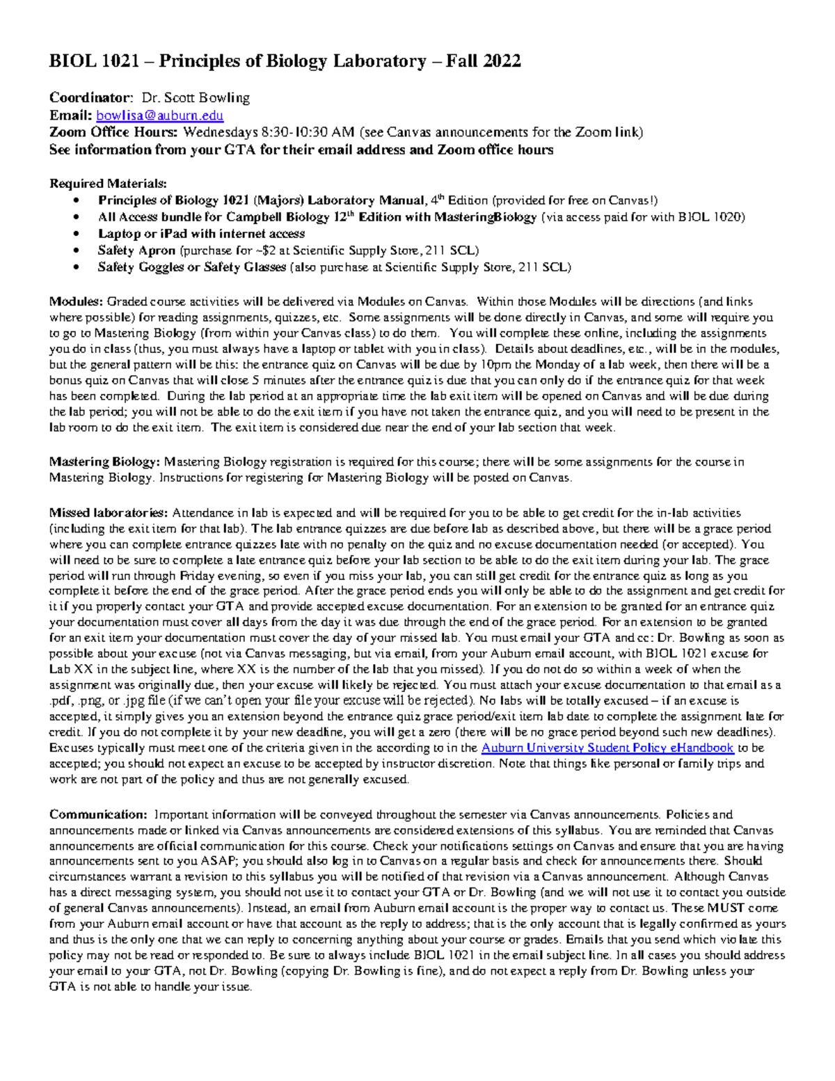 Biol1021Syllabus - dr. hausse - BIOL 1021 – Principles of Biology ...