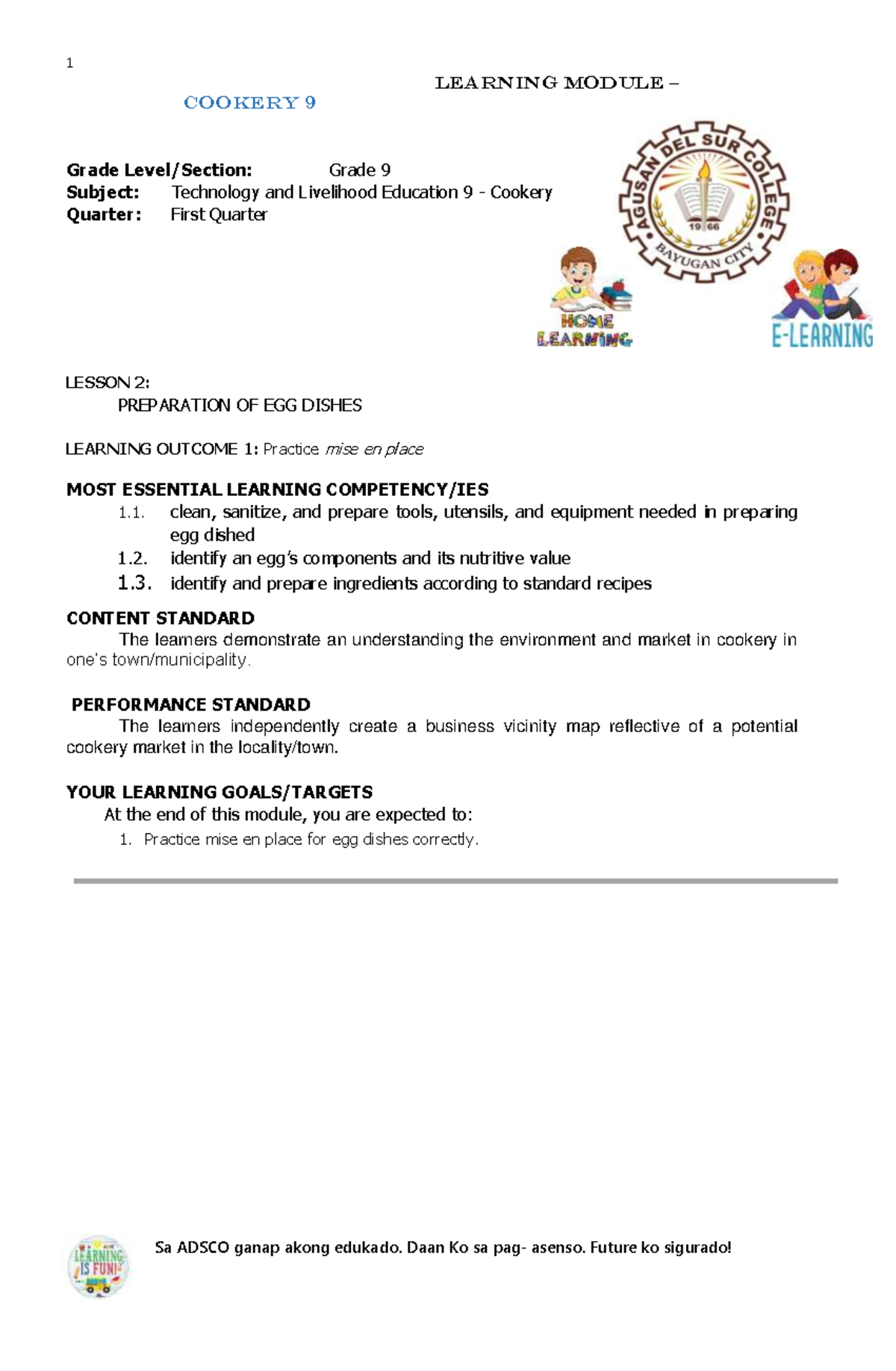 Perform MISE EN Place - Learning Module – Cookery 9 Grade Level/Section ...