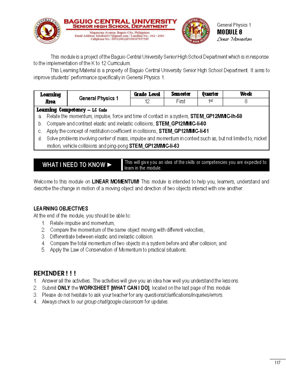 Q1 M8 General Physics 1 - General Physics 1 MODULE 8 Linear Momentum ...