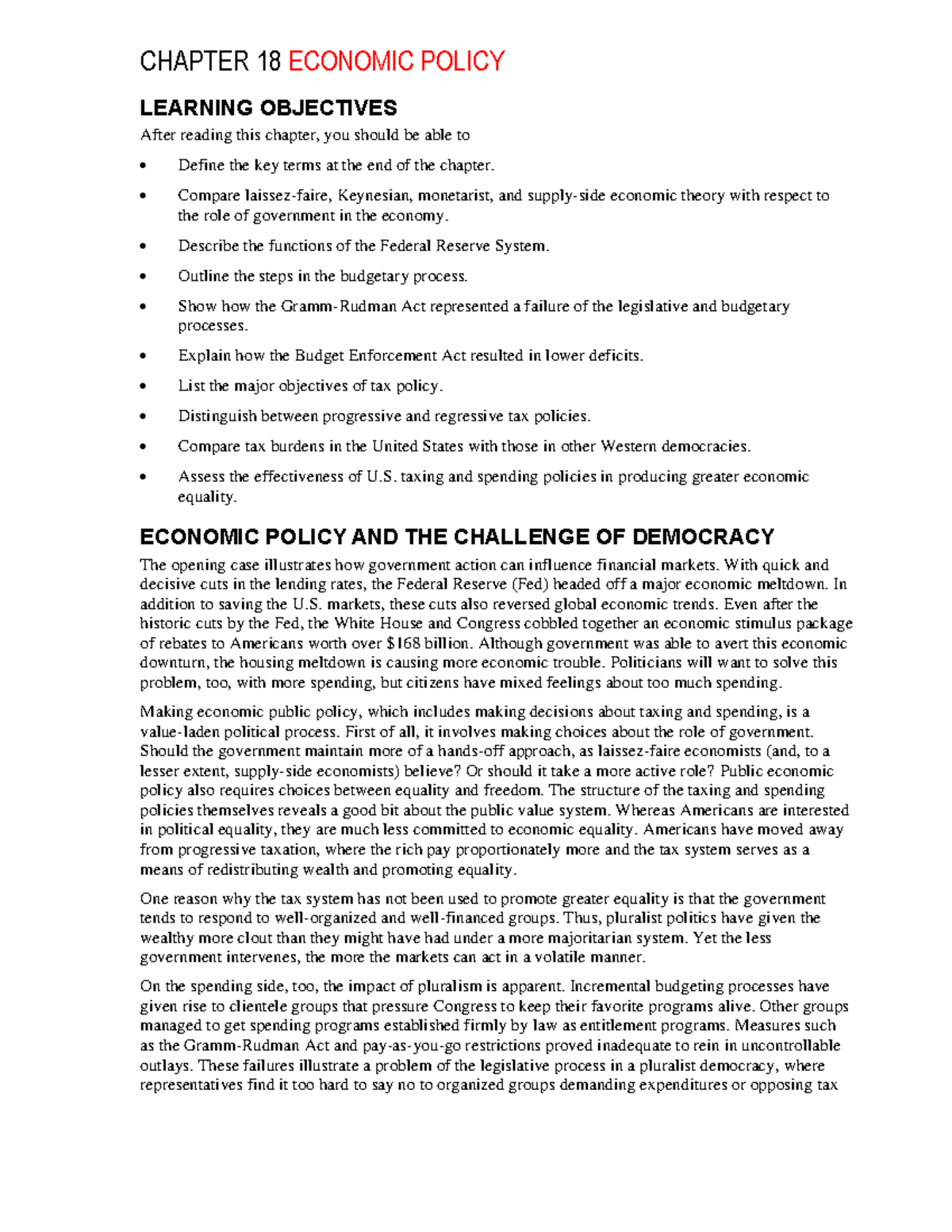 Ch18 Economic Policy Exam - CHAPTER 18 ECONOMIC POLICY LEARNING ...