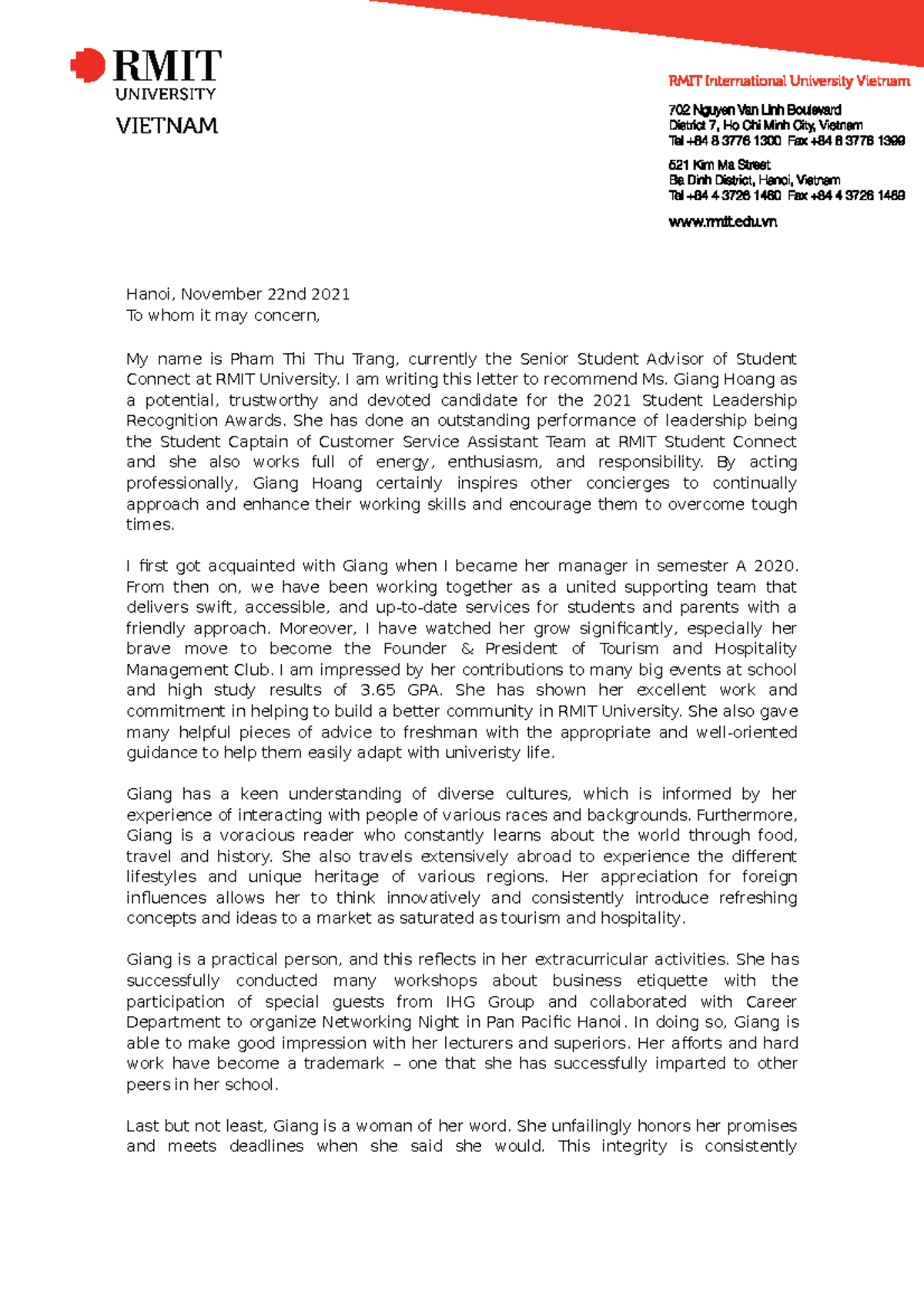 Thu gioi thieu RMIT/ Recommendation Letter Hoang Linh Giang - Hanoi ...
