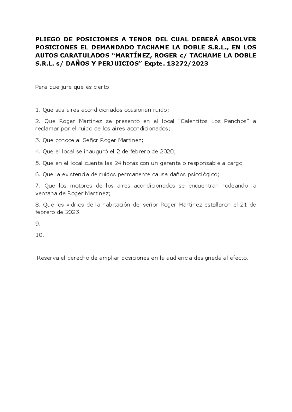 Modelo de Pliego de Posiciones e Interrogatorio de Testigos - PLIEGO DE ...
