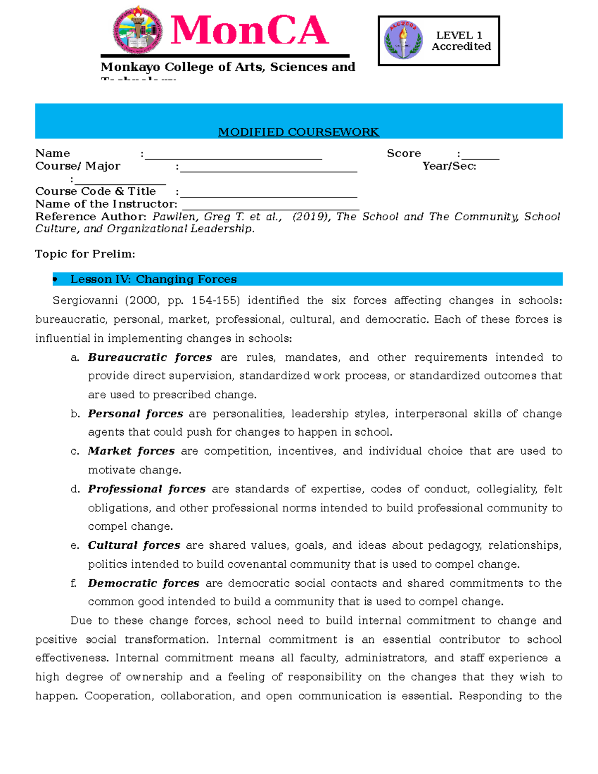 Lesson 4 BSED AT4 - none - MODIFIED COURSEWORK Name :_________________________________ Score ...