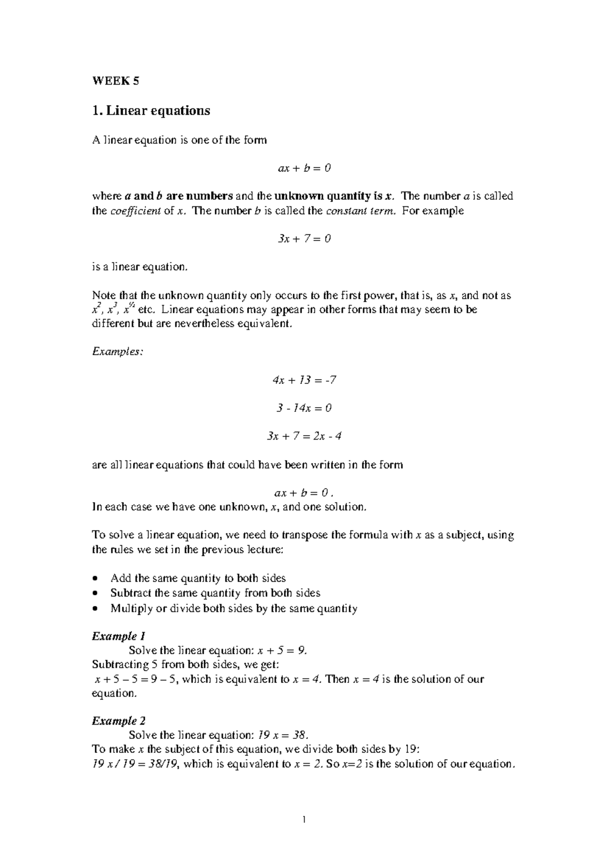 Lecture 5 linear equations, simultaneous equations - WEEK 5 1. Linear ...