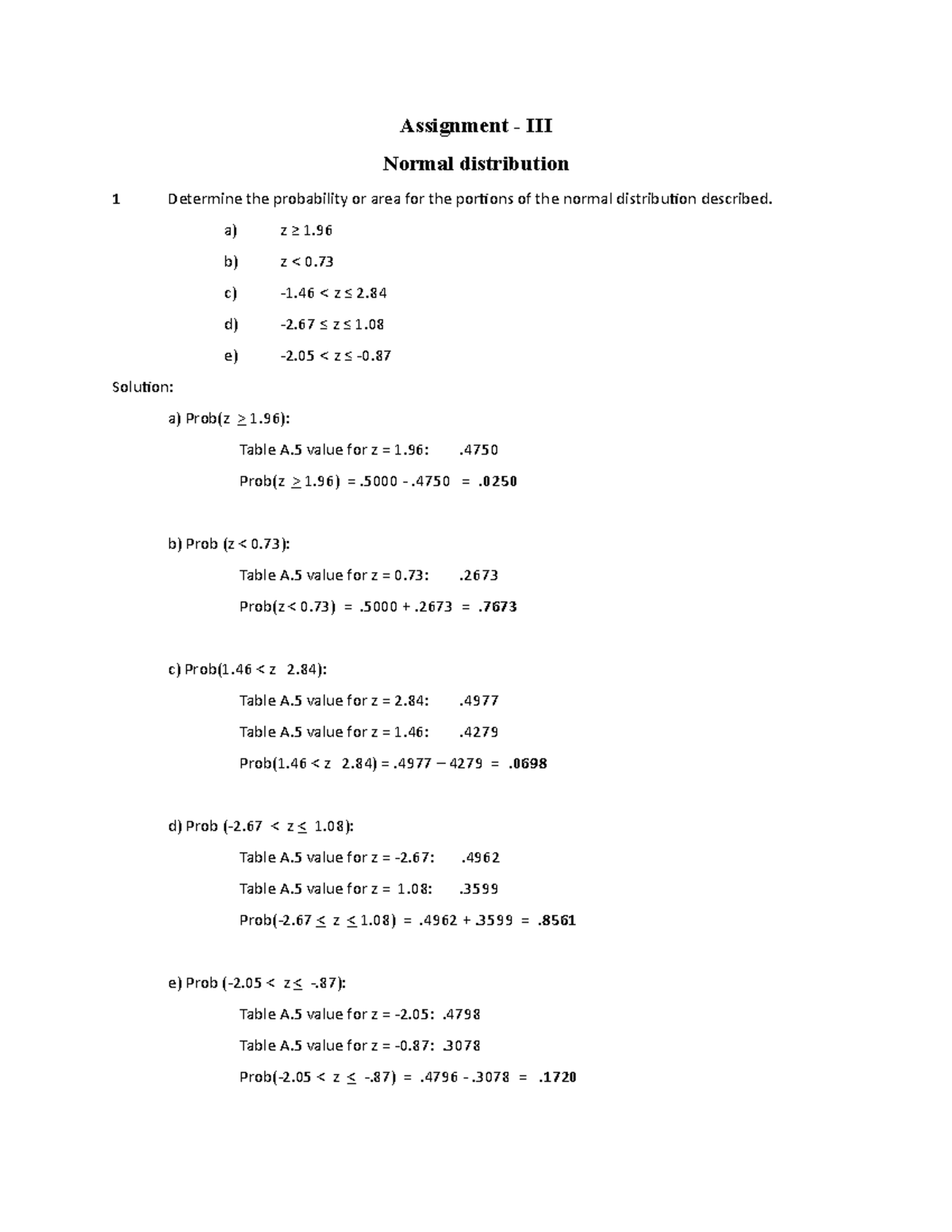 Assignment Normal Distribution) - Solution - Assignment - III Normal ...