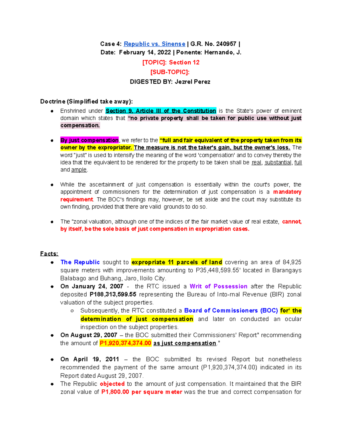 CASE Digests Consti - Case 4: Republic vs. Sinense | G. No. 240957 ...