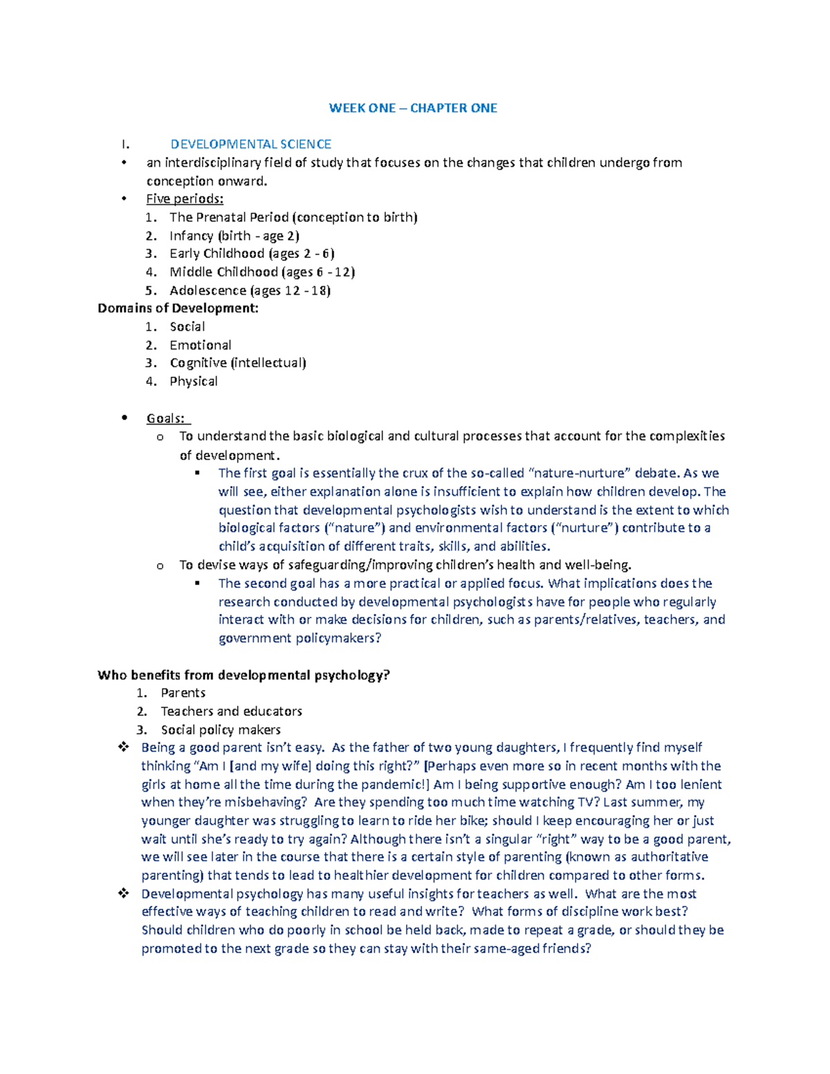 Week 1 - Chapter 1 - week 1 material - WEEK ONE – CHAPTER ONE I. DEVELOPMENTAL SCIENCE an - Studocu