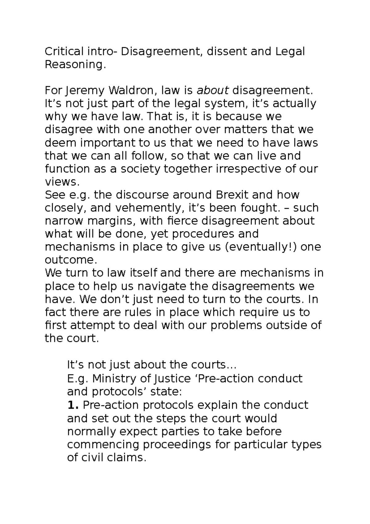 Critical intro legal reasoning - Critical intro- Disagreement, dissent ...